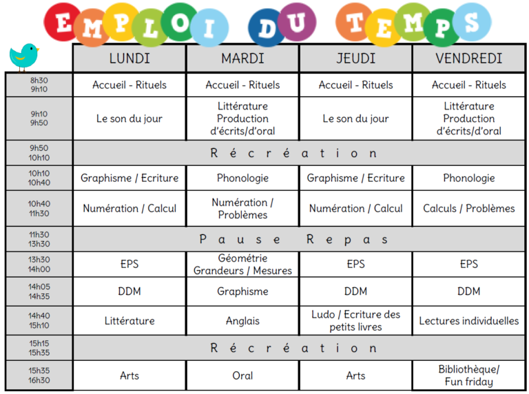 Mon emploi du temps CP – L ecole de crevette